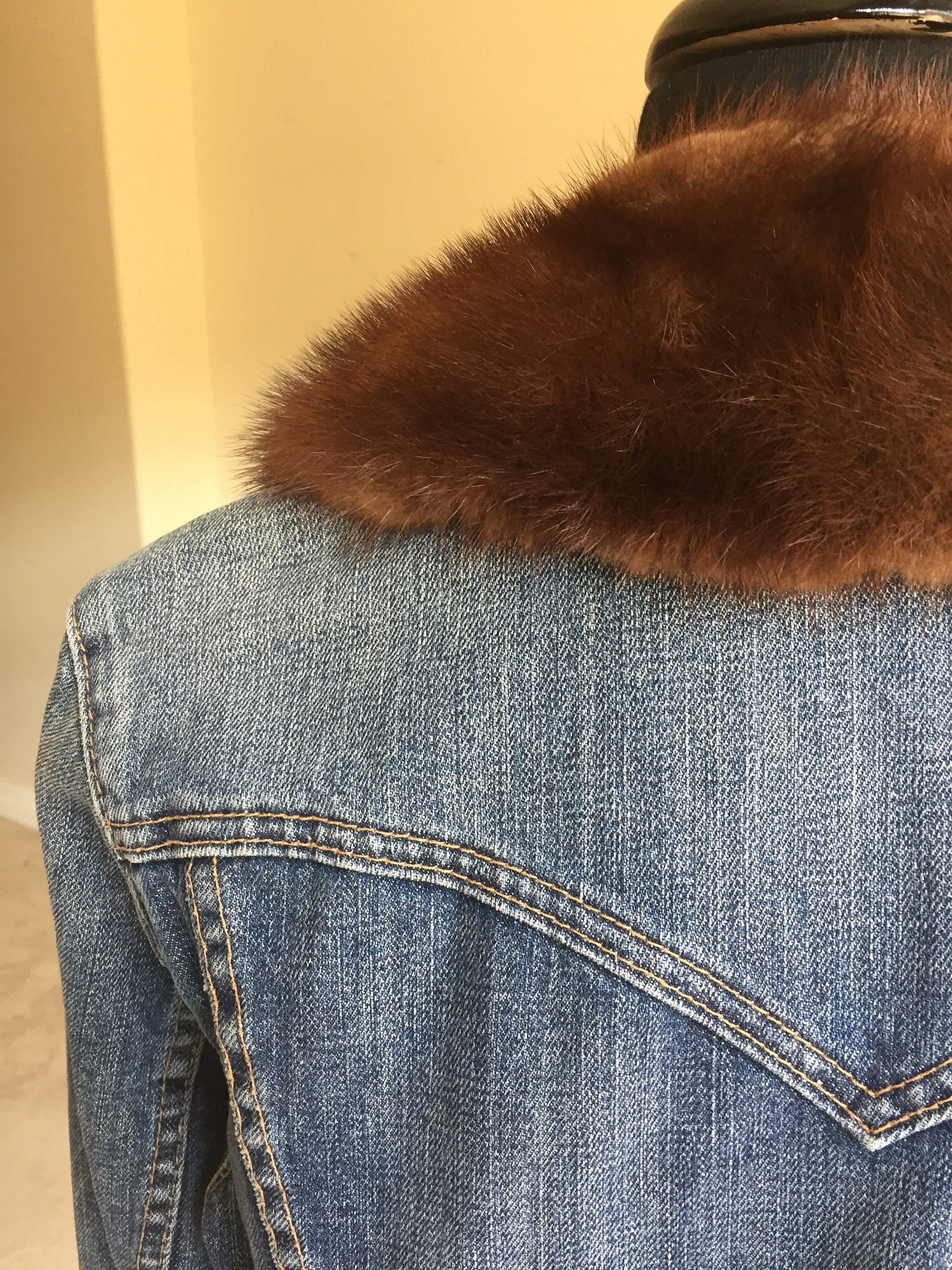 Vintage Jean Denim Jacket Brown Mink Fur Collar | Etsy