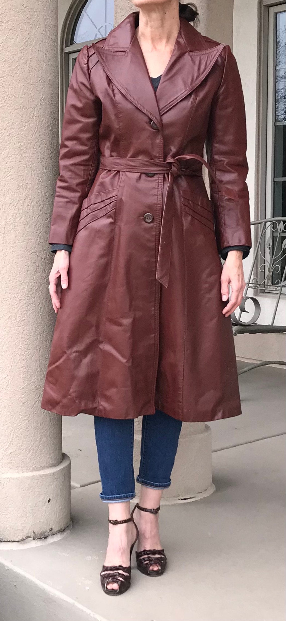 Vintage Modern Rust Brown Leather Trench Coat Belted - Etsy