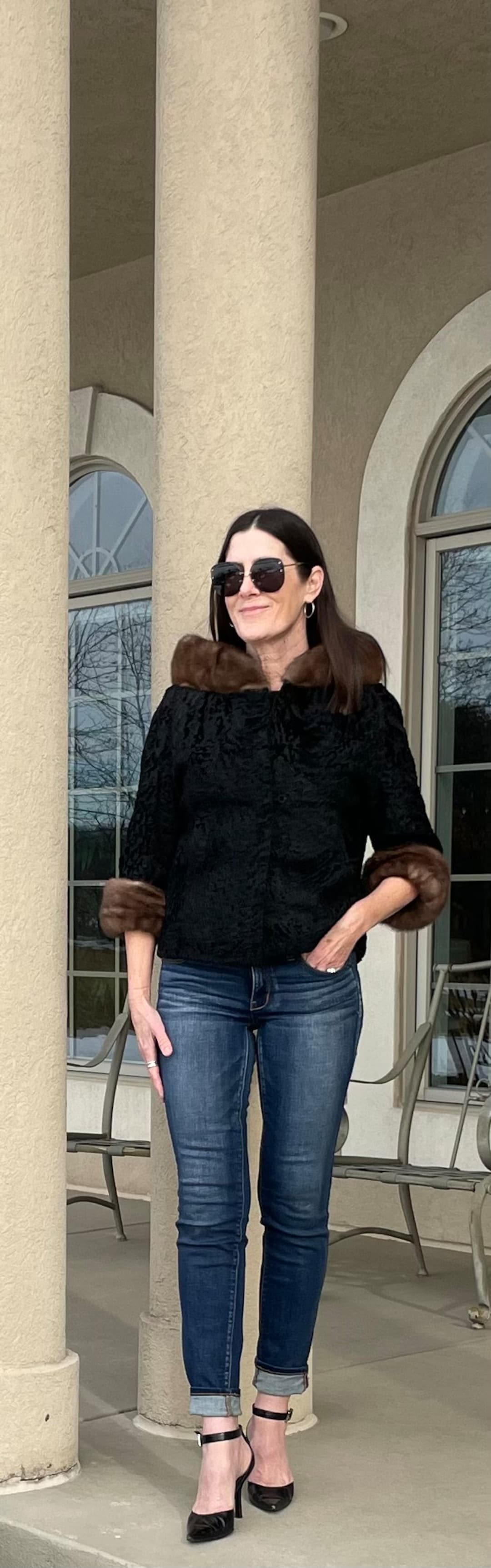 Vintage Short Black Broadtail Persian Lamb Fur Jacket Mink Fur Collar ...