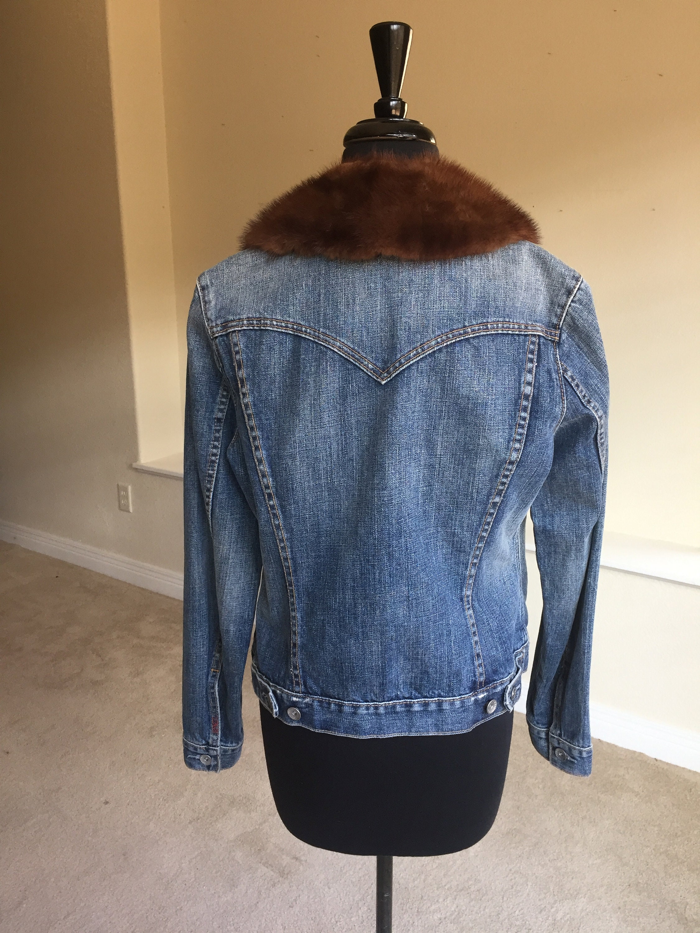 Vintage Jean Denim Jacket Brown Mink Fur Collar | Etsy