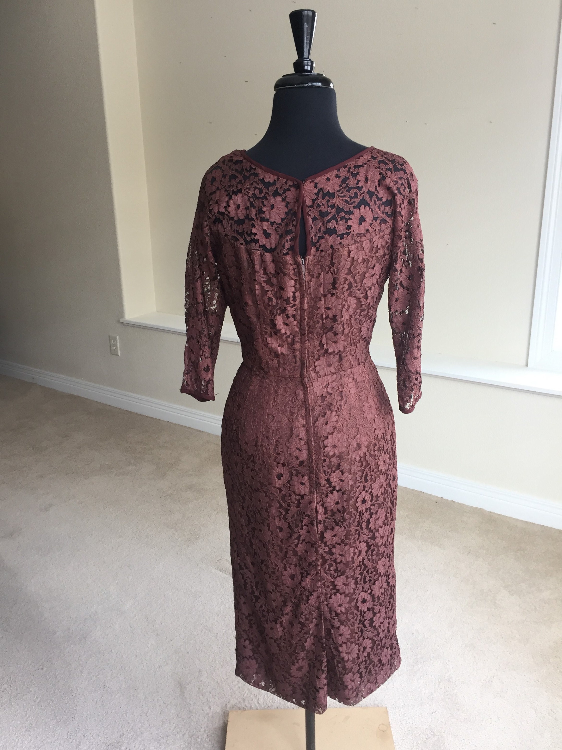 Vintage Brown Lace Fitted Dress Modern | Etsy