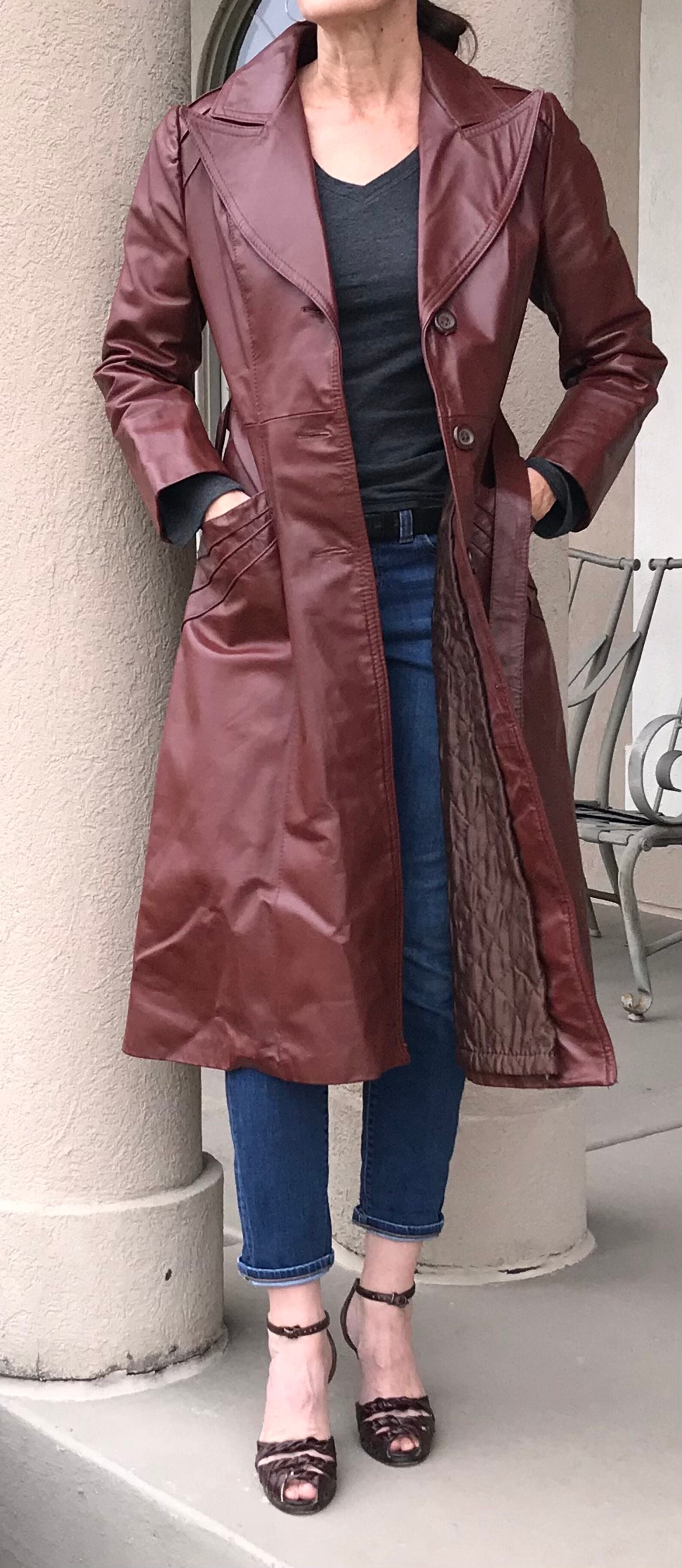 Vintage Modern Rust Brown Leather Trench Coat Belted - Etsy
