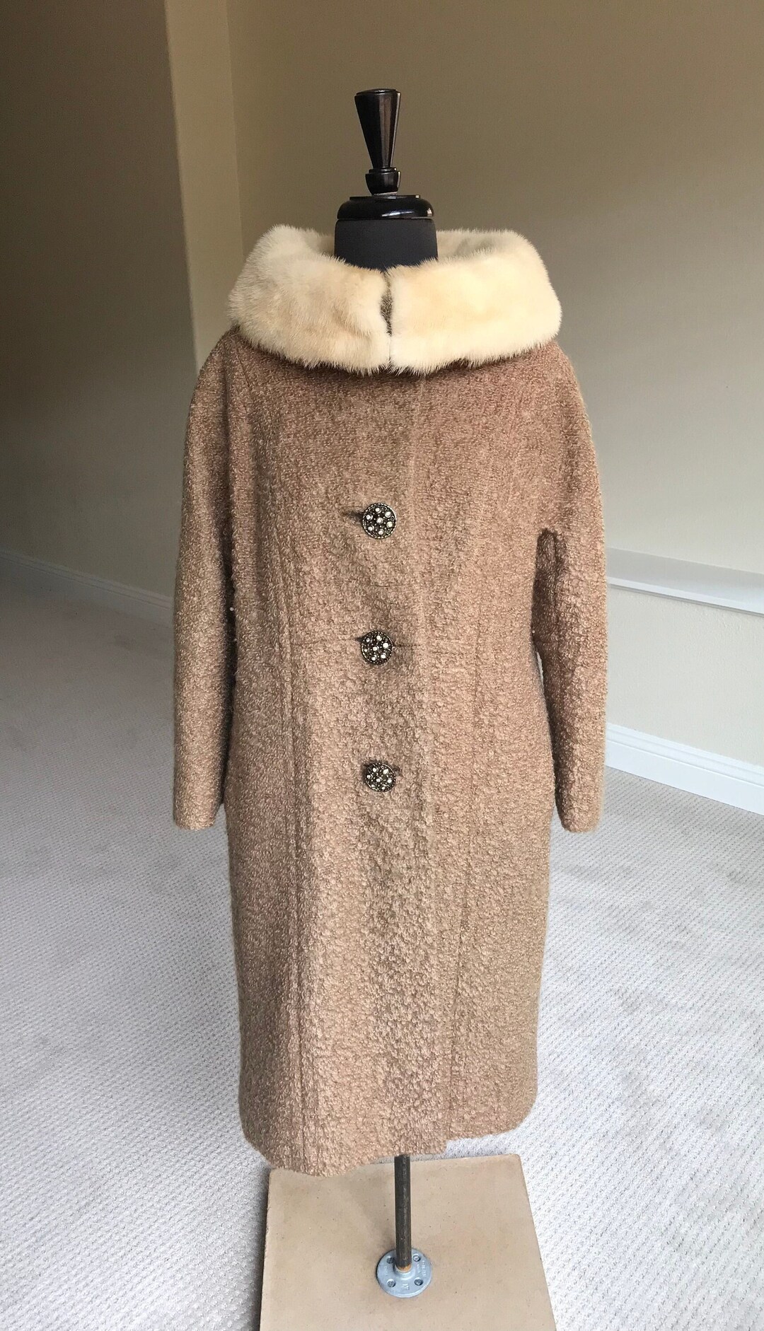 Vintage Modern Beige Tan Wool Boucle Mink Collar Coat Coat - Etsy