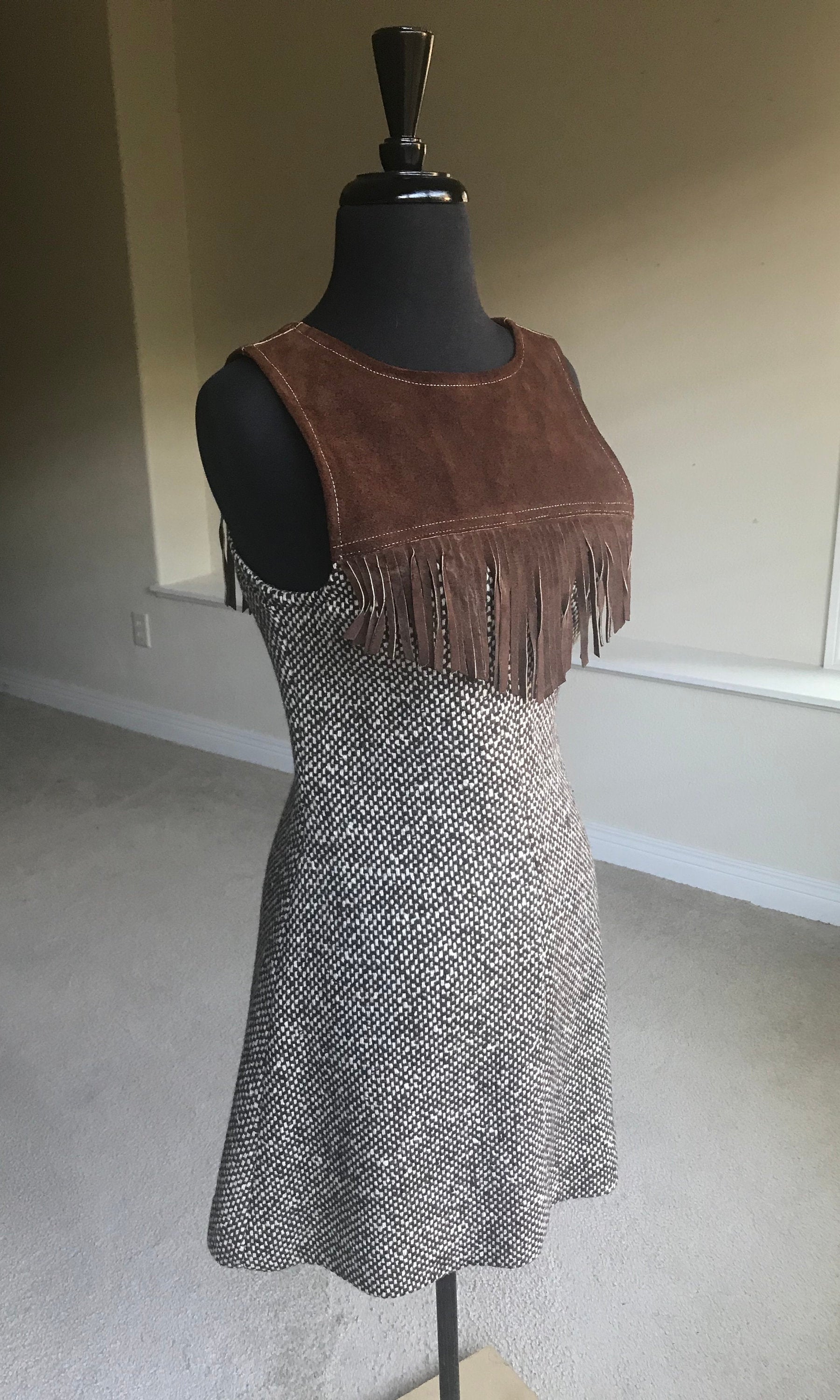 Vintage Modern Brown Wool Shift Sheath Dress Hanging Suede | Etsy