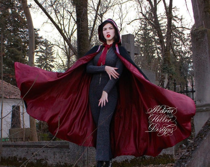 Long Black Cape, Gothic Cape, Red Lining, Long Cape, Hooded, Medieval ...