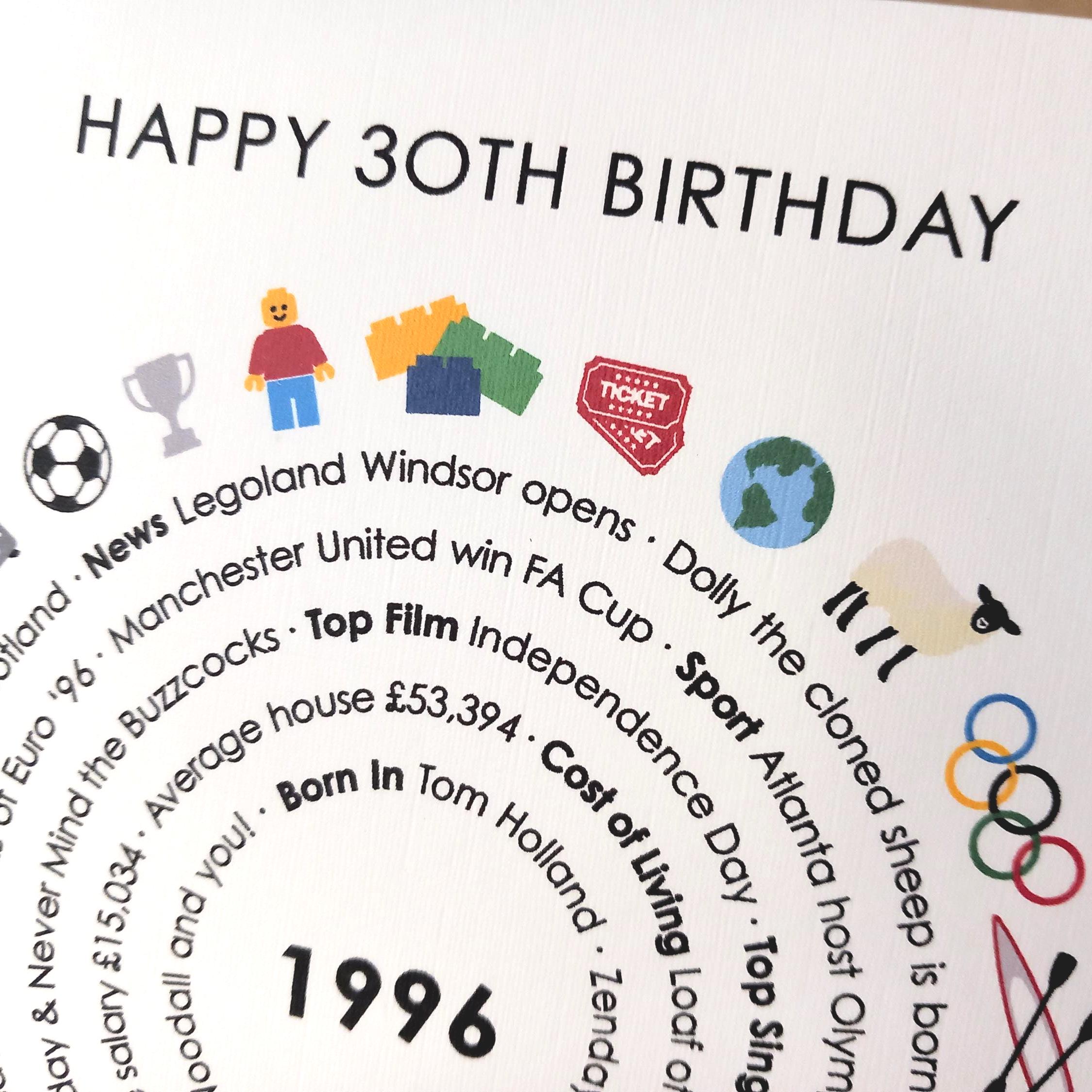 Personalised 30th Birthday Card or Print • 1996 Year Facts • Unique ...