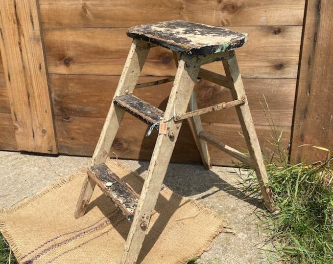 Vintage Farmhouse Step Ladder 2 Ft | Folding Wooden Ladder Painter's ...