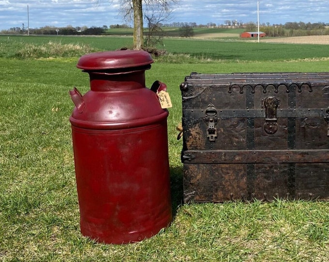 Vintage Outdoor Decor, Red Milk Can With Writing , Old Milk Can for ...