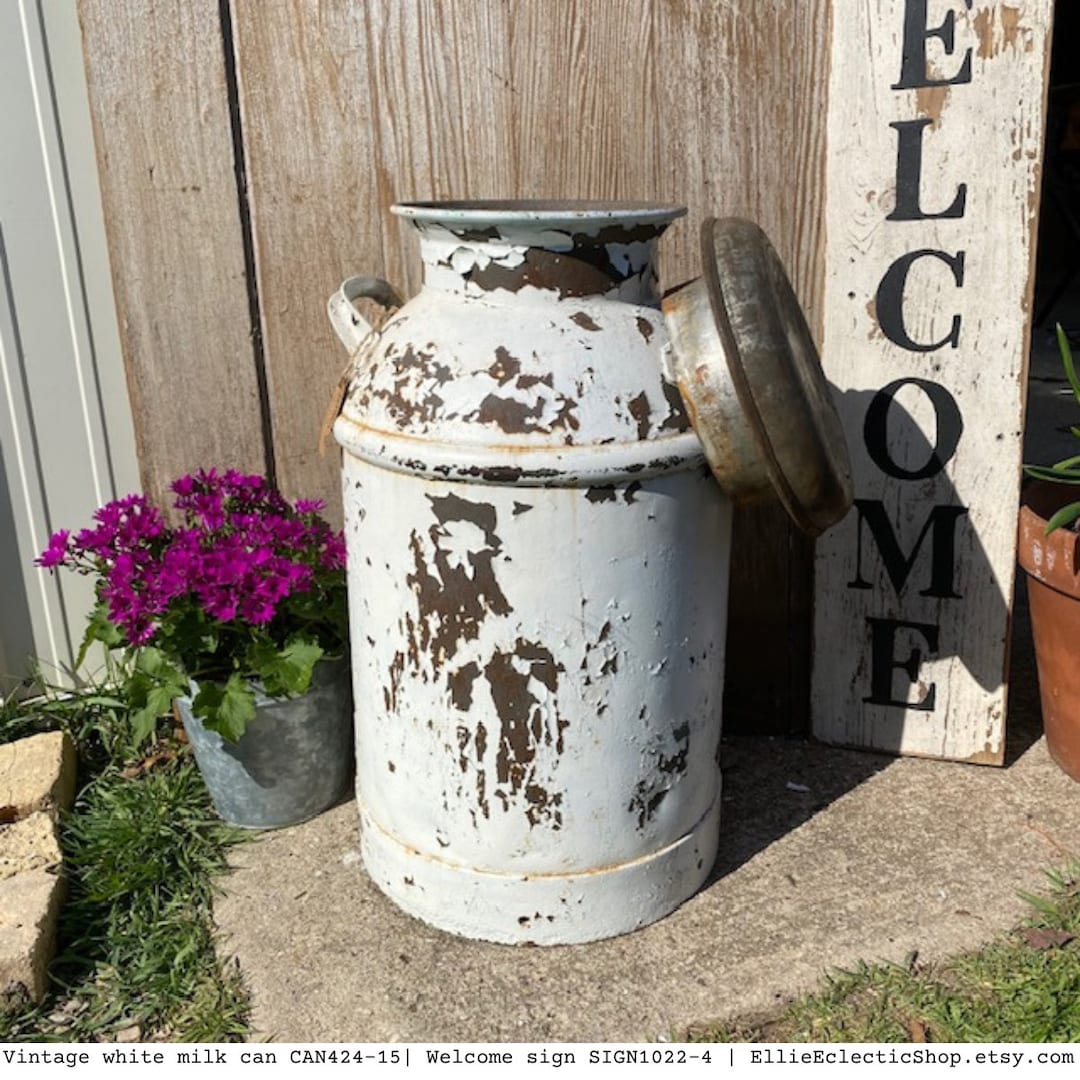 Large Vintage Milk Can With Lid, 24 Tall Chippy White Rustic Country ...