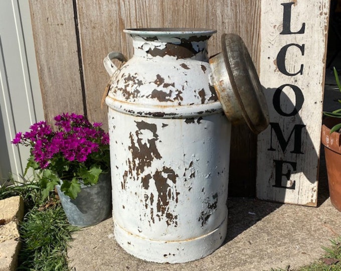 Large Vintage Milk Can With Lid, 24” Tall Chippy White Rustic Country ...
