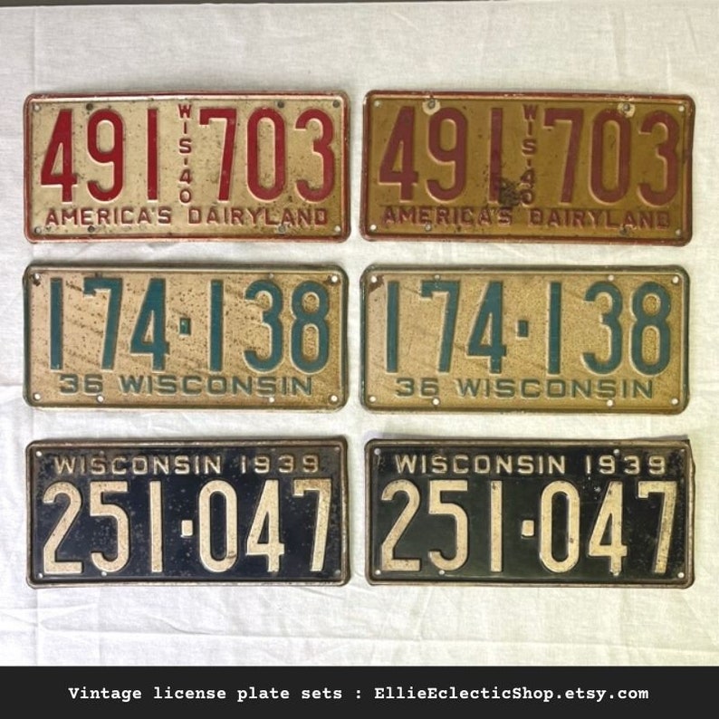 Vintage Metal License Plates Set Old Wisconsin Licence | Etsy