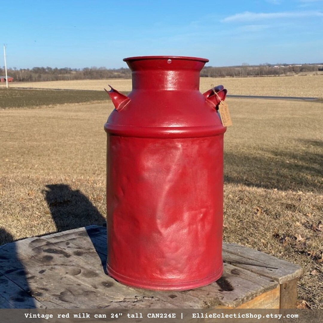 Vintage Outdoor Decor, Red Milk Can With Writing , Old Milk Can for ...