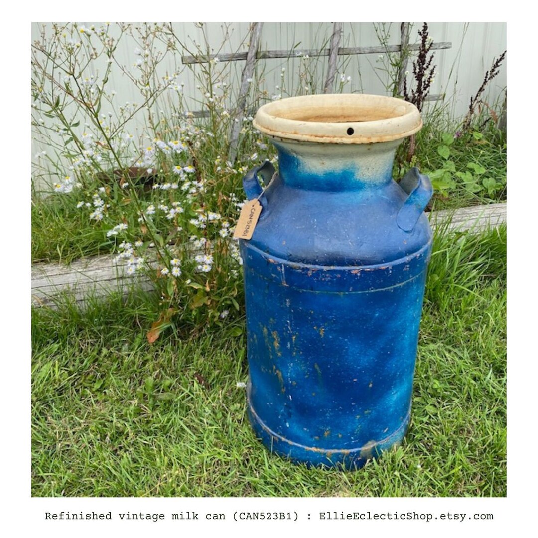 Vintage Milk Can Blue Outdoor Porch Decor, Farmhouse Industrial Large ...