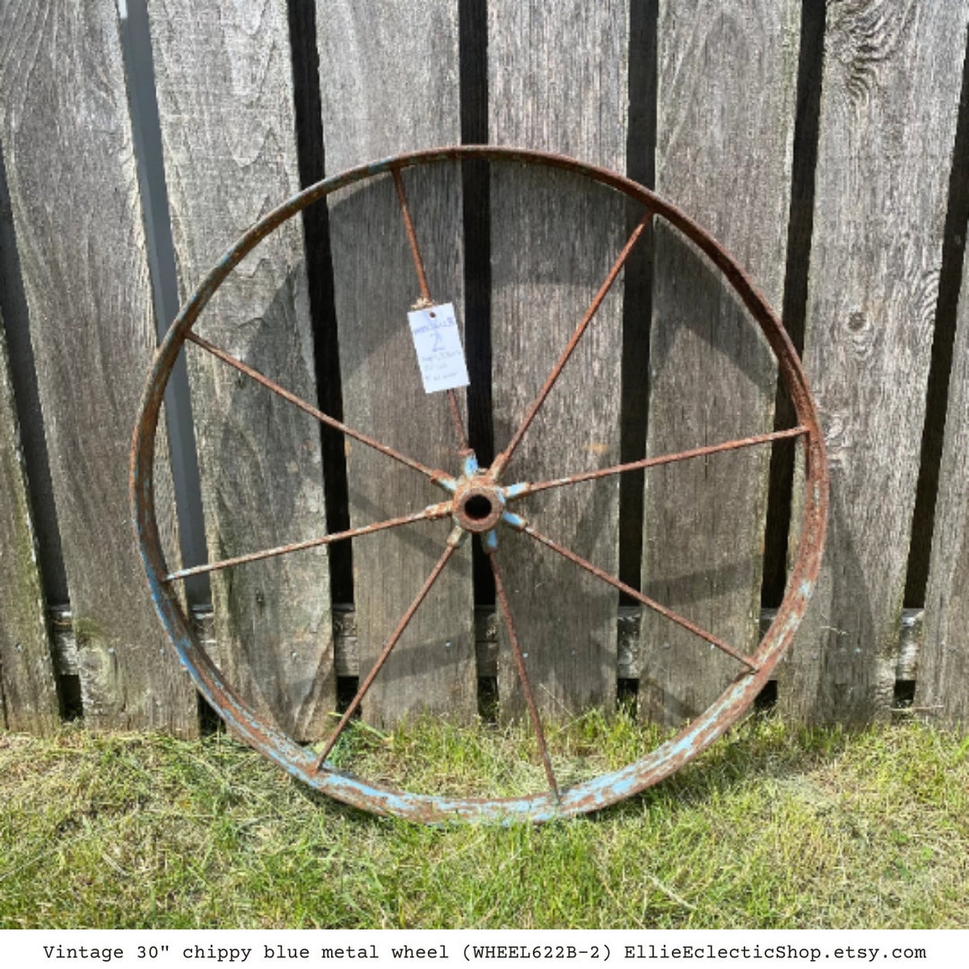 Large 30 Metal Wheel Chippy Blue Vintage Country Front Porch Decor ...
