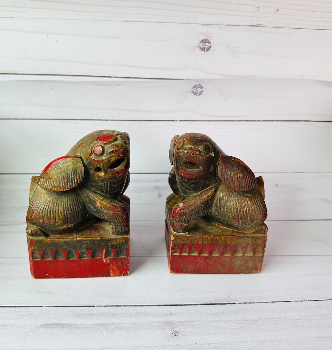 Vintage Pair of Wood Carved Foo Dogs--pair of Shi Shi Dogs--pair of Red ...