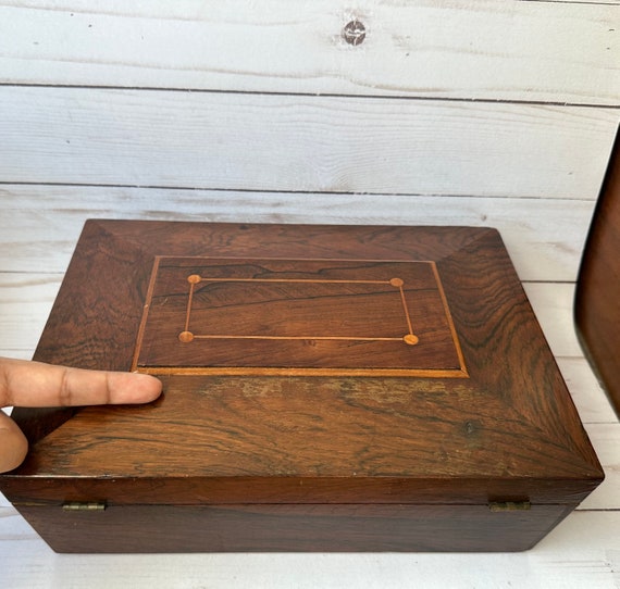 Antique Wood Inlay Jewelry Box--Antique Wooden Box - Gem