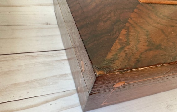 Antique Wood Inlay Jewelry Box--Antique Wooden Box - Gem