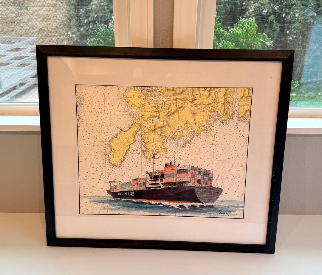 Original Alaska Map Art--adam Koltz Map Art--cargo Ship Art--ship ...