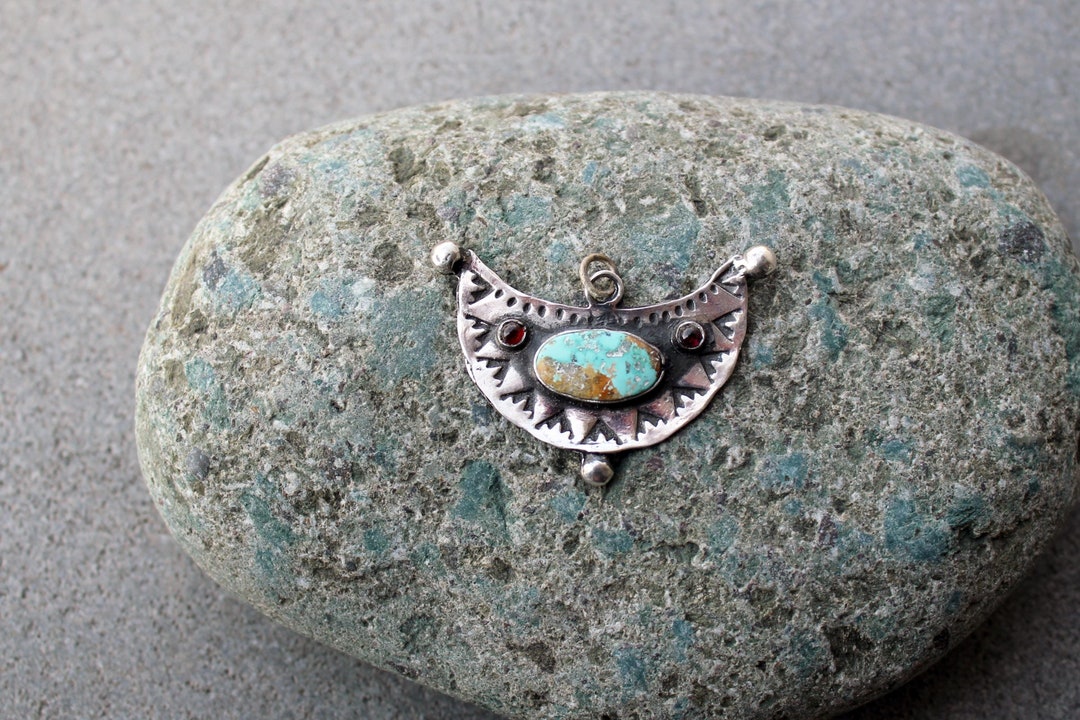 Sterling Silver Rustic Stamped and Oxidized Etnic Pendant With Blue ...