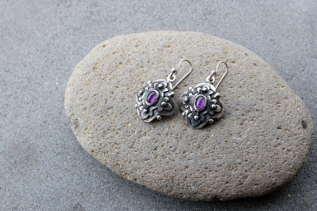 Sterling Silver Medieval Style Flower Earrings With Purple Corundum ...
