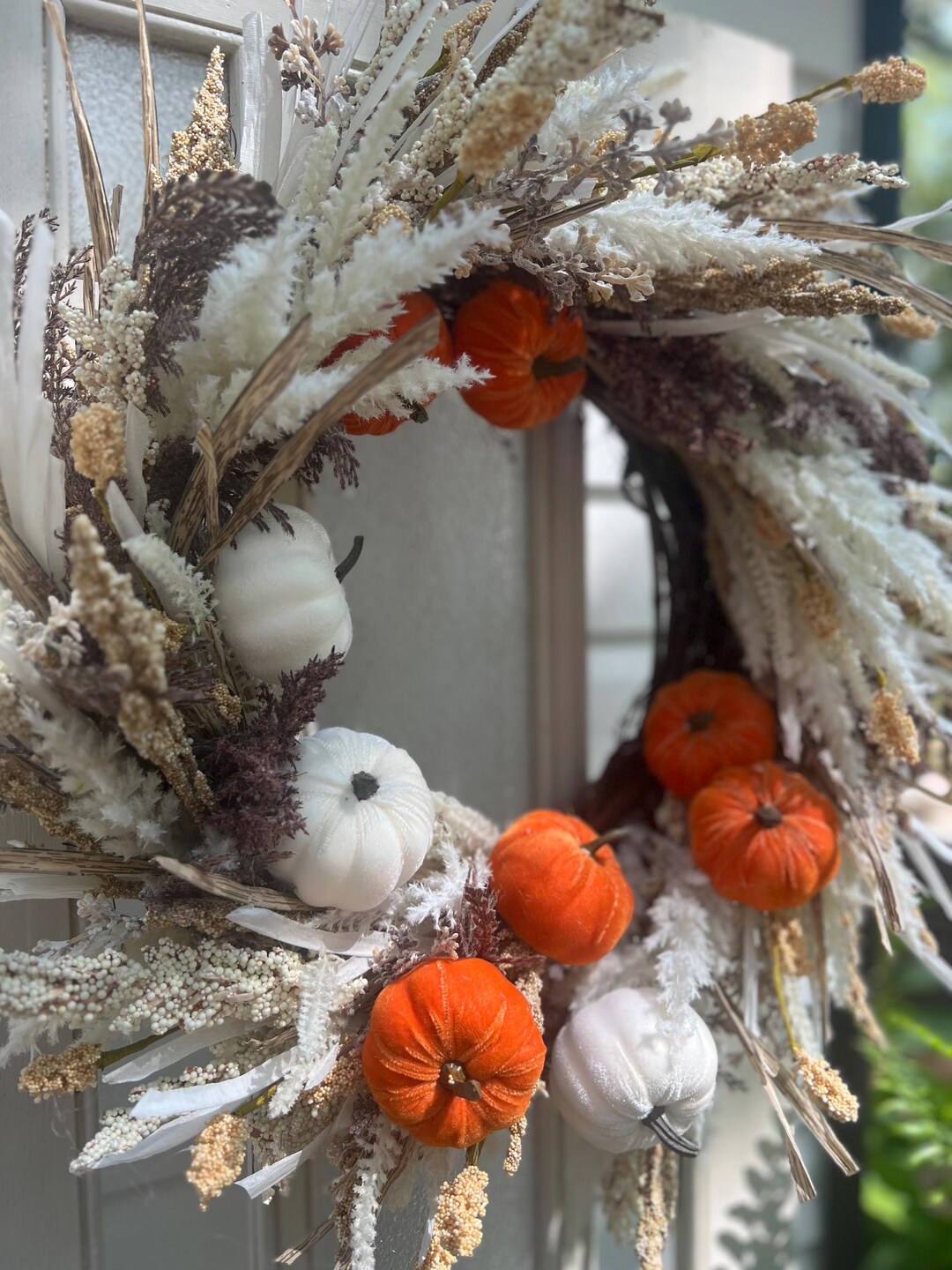 Pampas Pumpkin Wreath, Velvet Pumpkin Wreath, Fall Pumpkin Wreath ...
