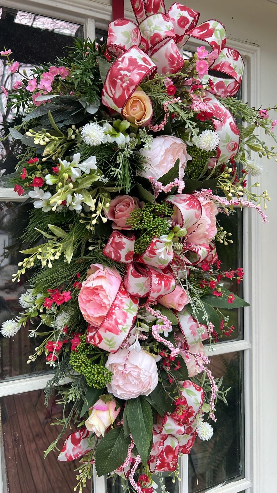 Pink Peony Swag, Front Door Swag, Spring Swag, Pink Floral Swag, Large ...