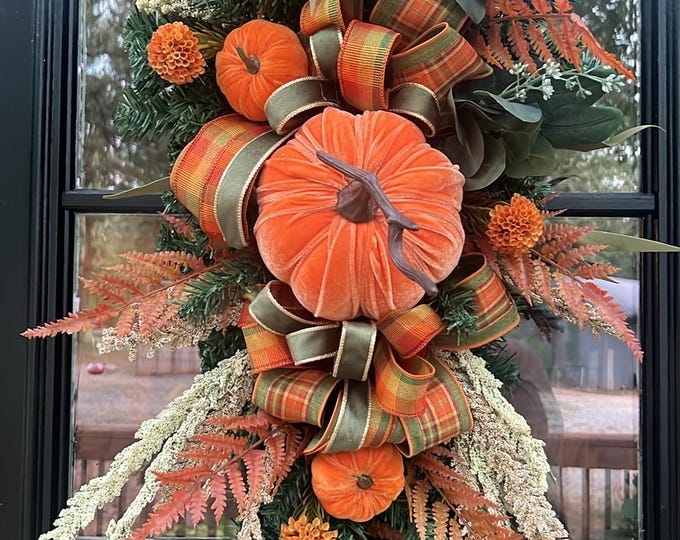 Flocked Pumpkin Swag, Orange Fall Pumpkin Swag, Fall Swag, Large Fall ...