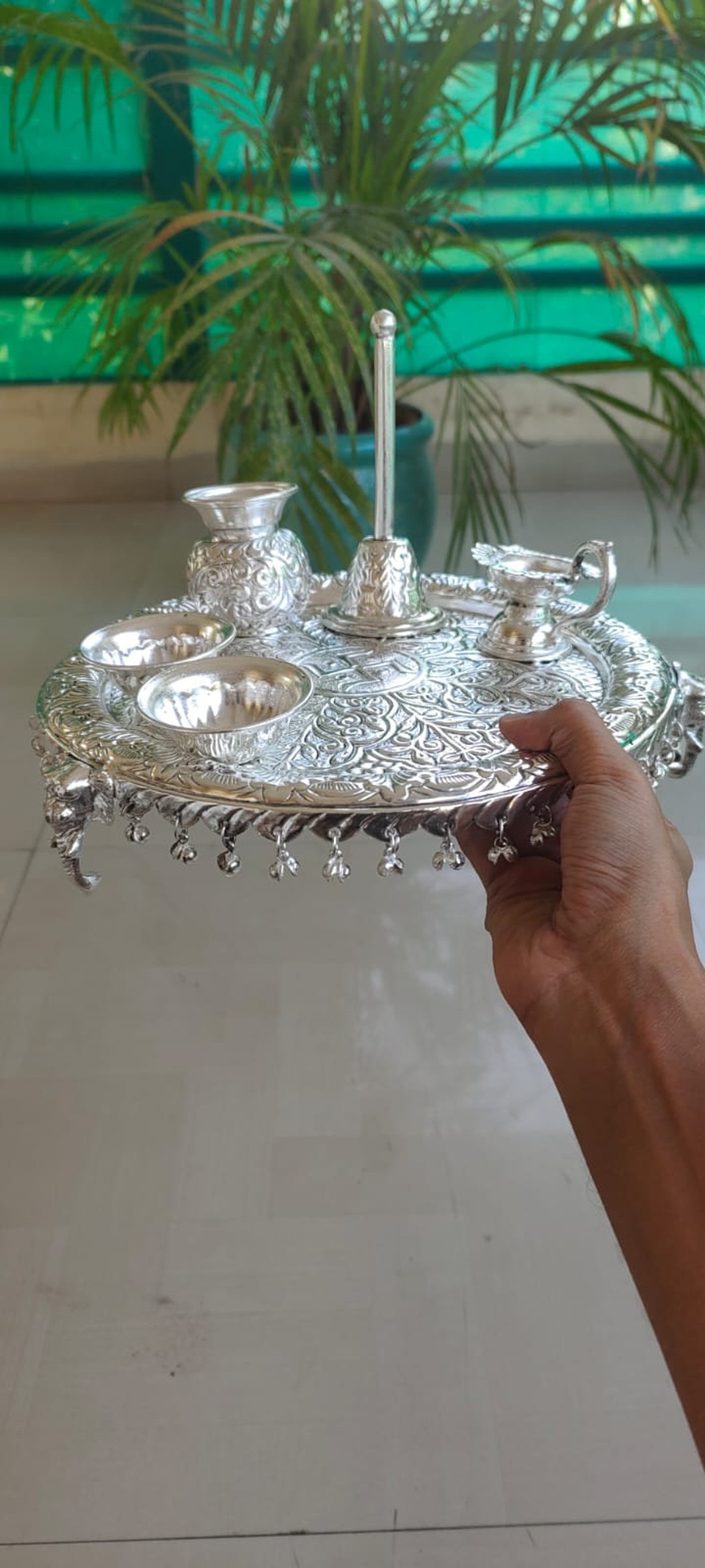 German Silver Elephant Leg Hand Engraved Puja Thali Set/hindu - Etsy