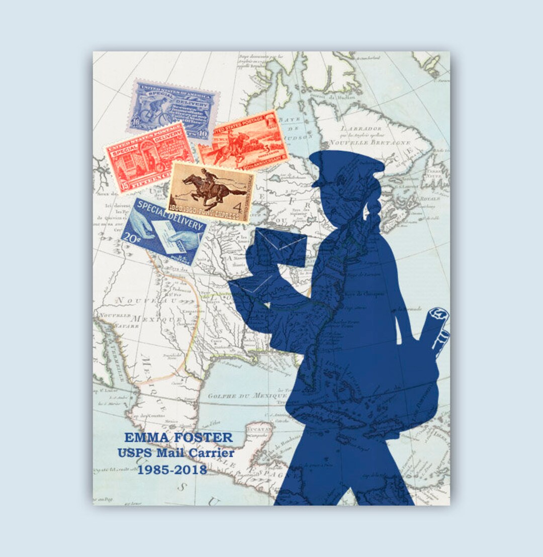 Personalized Female Mail Carrier Art, Map Background, Post Office Decor ...