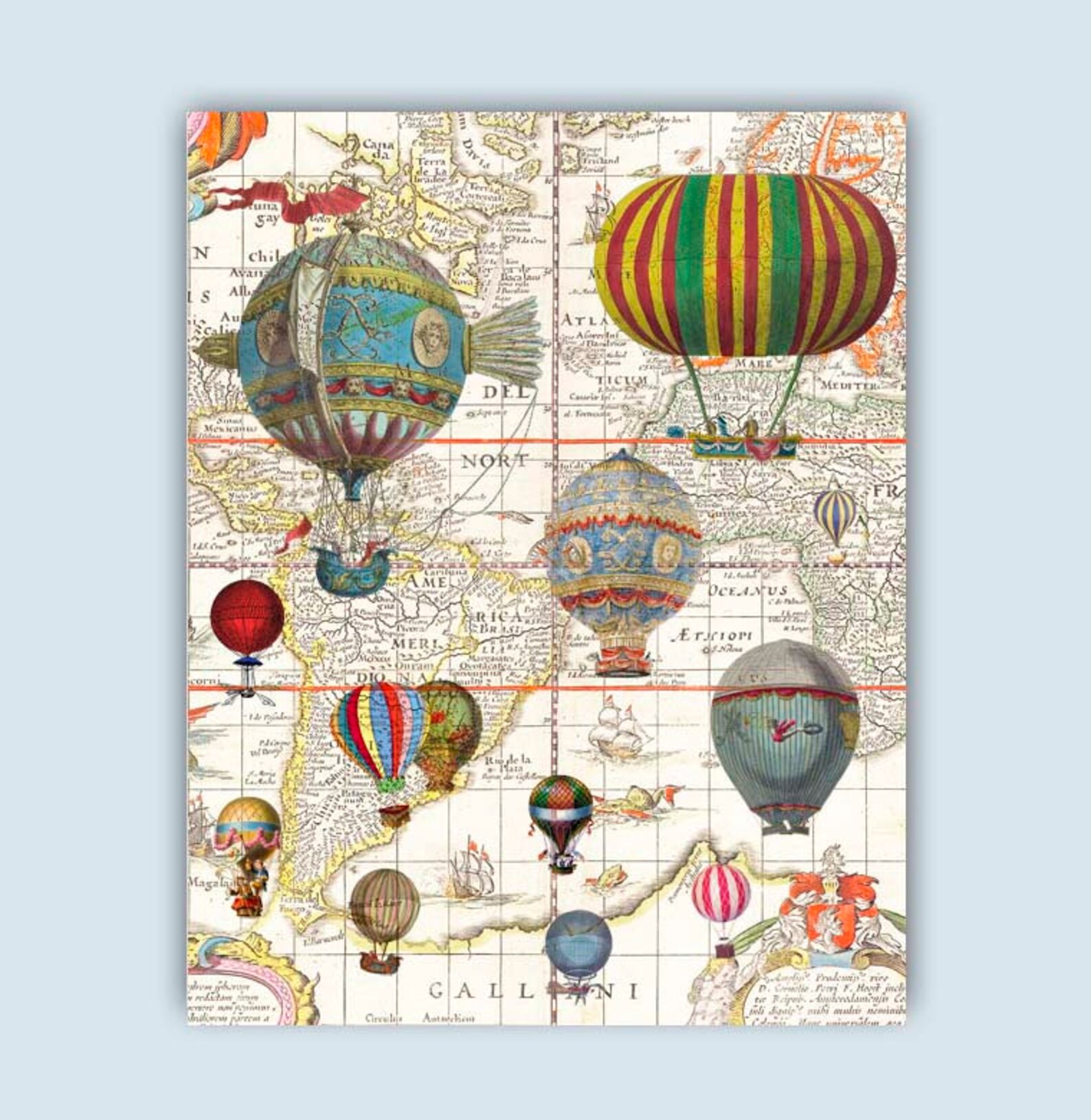 Hot Air Balloon Art Print, Mappamundi Decor, World Map Poster, Hot Air ...