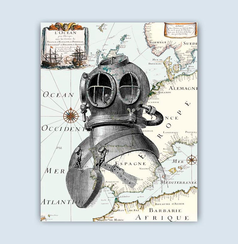 Diving Helmet Print Diver Gift Nautical Wall Decor Vintage - Etsy