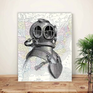 Nautical Art, Scuba Diver Helmet Print, Diving Art, Deep Sea Diver, Old ...
