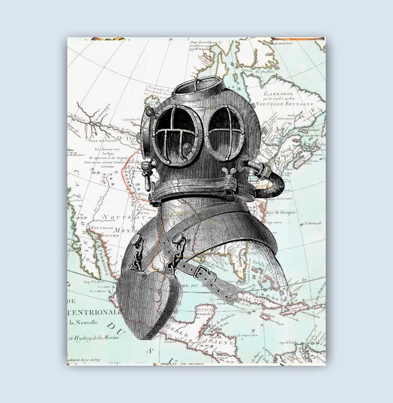 Diving Helmet Print Diver Gift Nautical Wall Decor Vintage - Etsy
