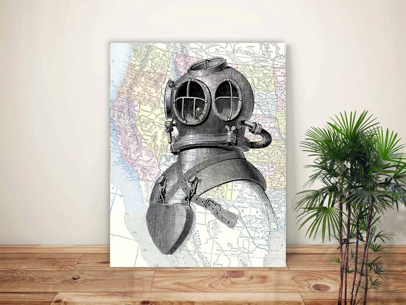 Nautical Art Scuba Diver Helmet Print Diving Art Deep Sea - Etsy