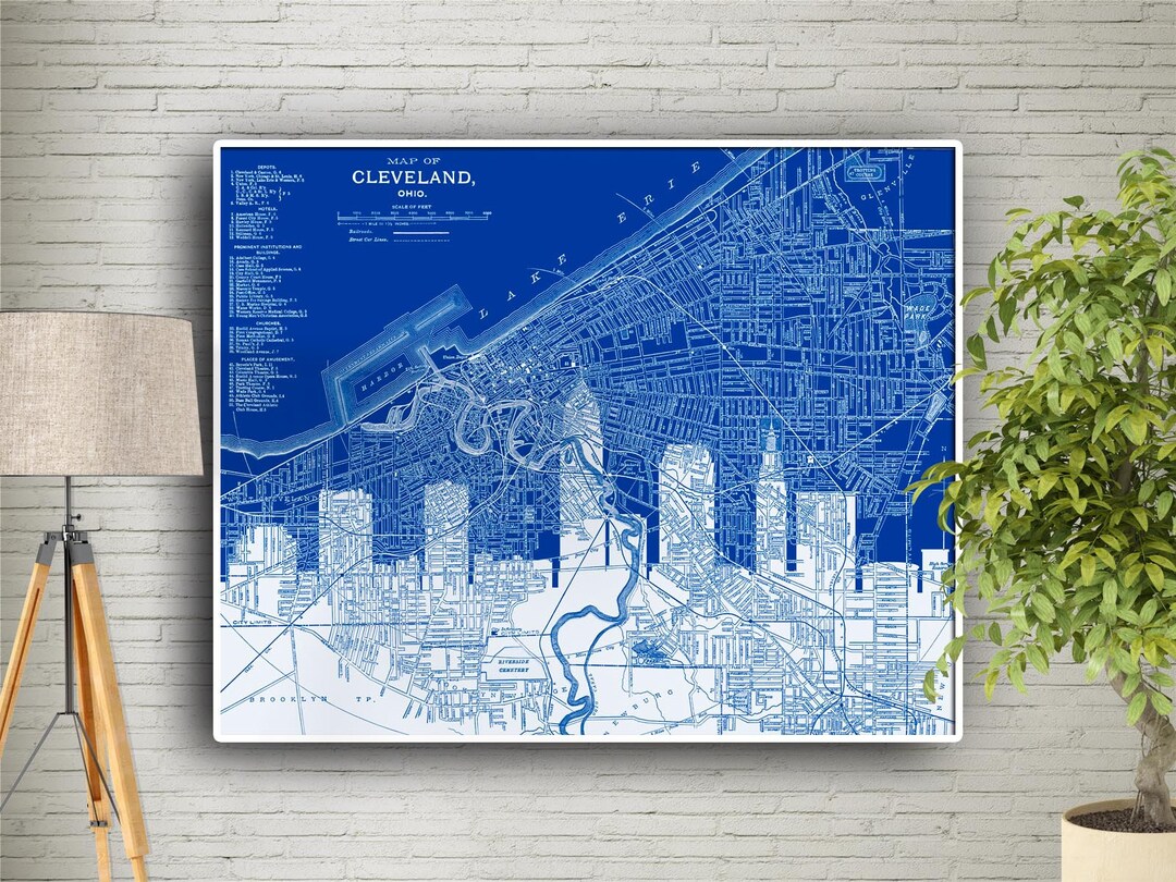 Cleveland City Skyline Poster in Blue Red Teal Skyline - Etsy