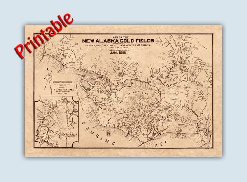 DIGITAL DOWNLOAD Alaska Gold Fields Map Reproduction Alaska | Etsy