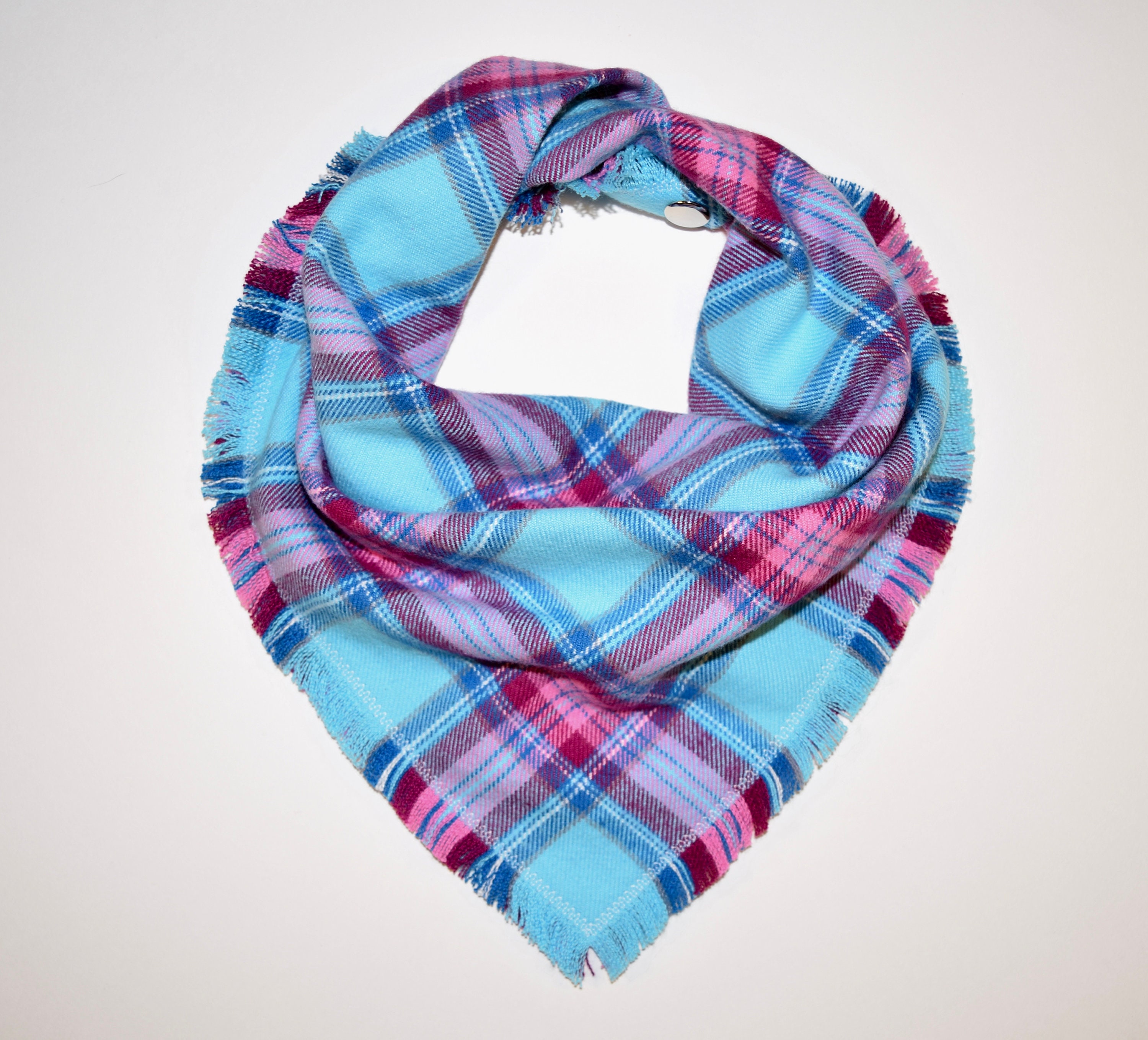 Aqua & Pink Plaid Flannel Fringe Bandana, Frayed Bandana, Snap Closure ...
