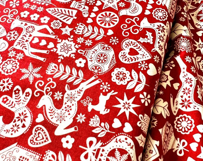 Remnant Makower Scandi Christmas Fabric Icons 2575 Red Fabric Seasonal ...