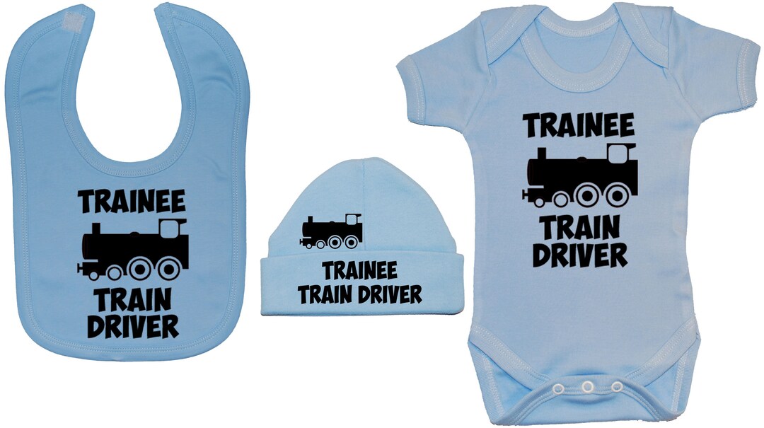 Trainee Train Driver Baby Bodysuit Romper Vest T-shirt, Feeding Bib ...