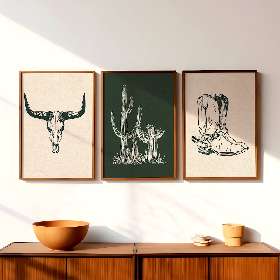 Set of 3 Cowboy Western Wall Prints | Green and White Southwest Decor ...