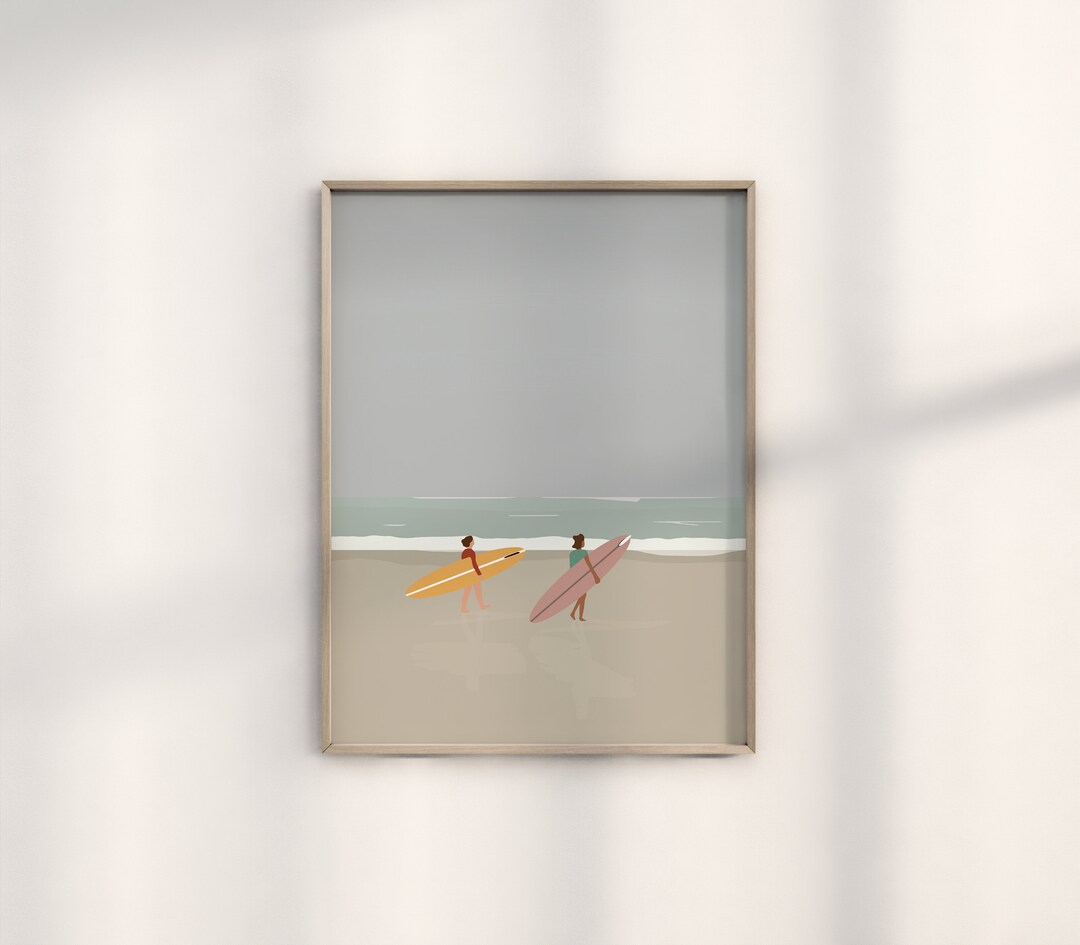 Surfers at Beach Print Summer Art Minimalist Wall Art Light Beach ...