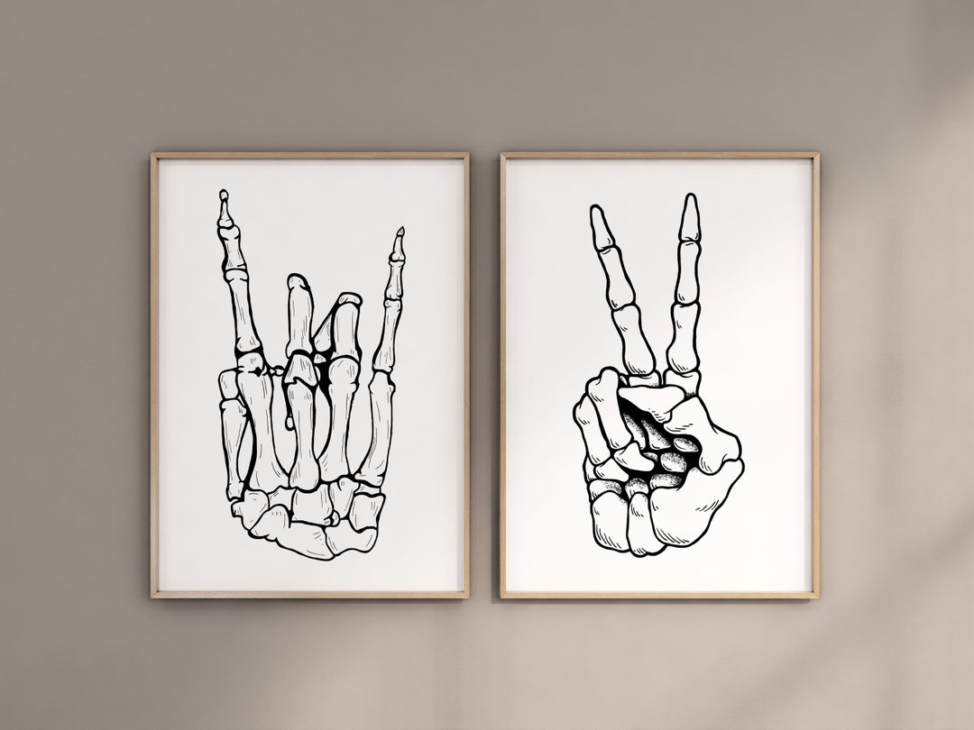 Set of 2 Hand Skeleton Prints | Halloween Wall Art | Black and White ...