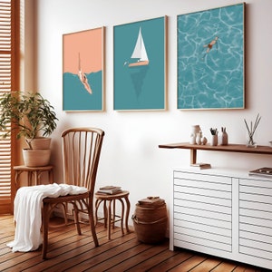 Set of 3 Minimalist Diver Prints | Triptych Beach Wall Art | Sailboat ...