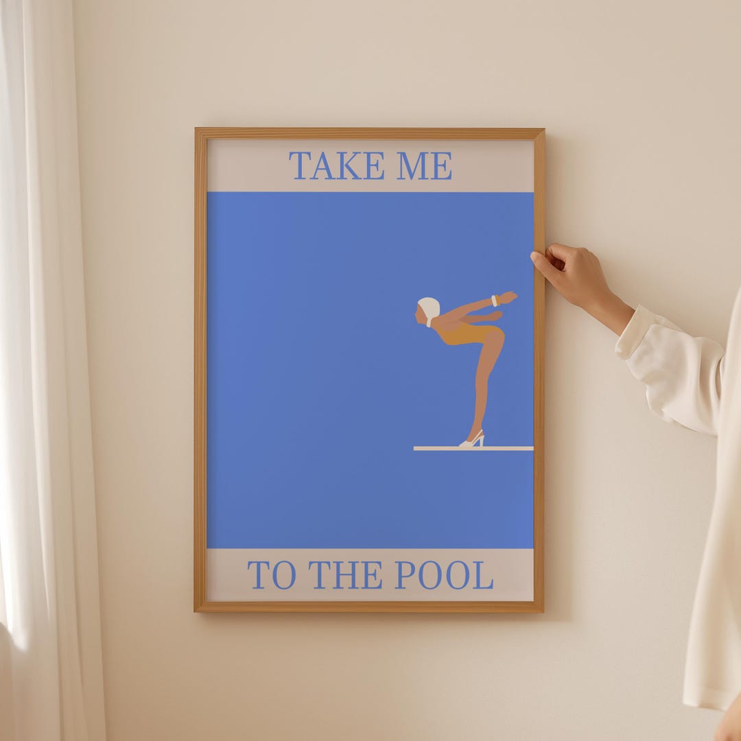 Take Me to the Pool Print | Retro Girl Diving in Water | Bright Blue ...
