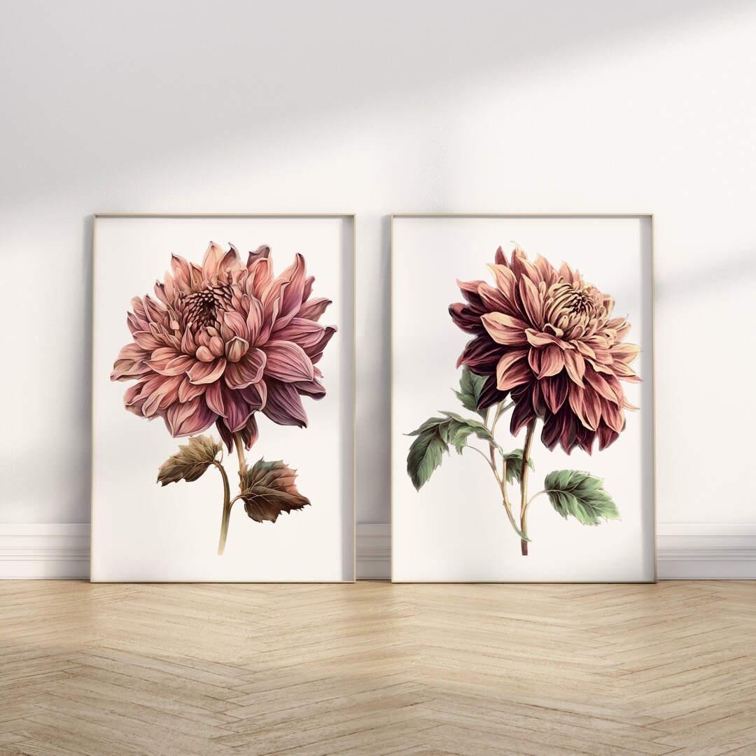 Set of 2 Dahlia Flower Prints | Oversized Vintage Floral Art | Rustic ...