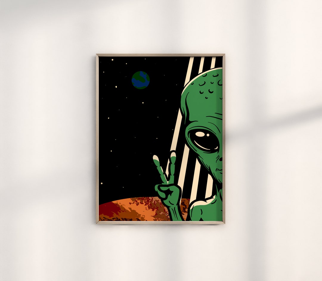 Alien Giving Peace Sign Print Funny Outerspace UFO Alien - Etsy
