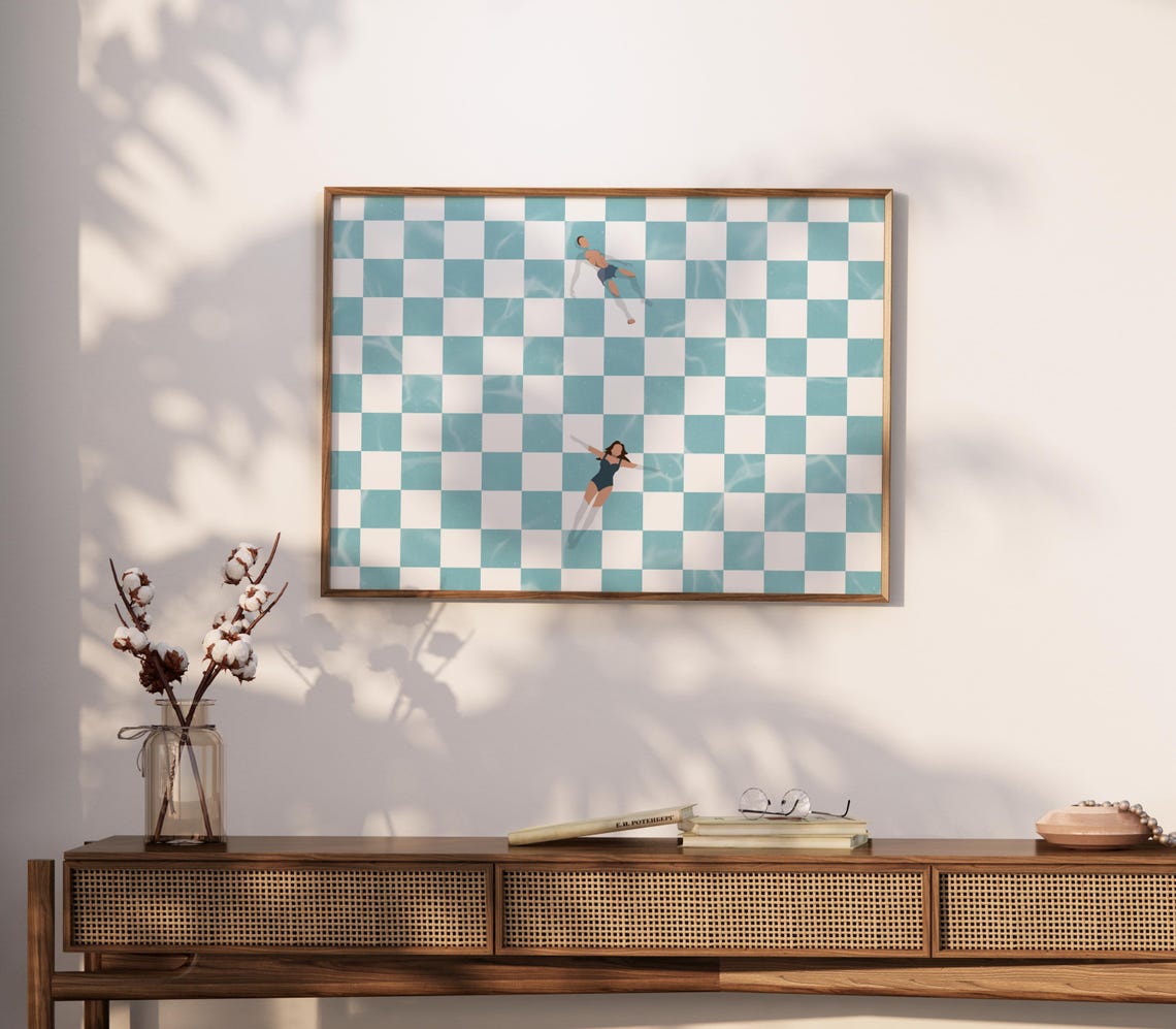 Man and Woman Floating in Retro Checkerboard Pool Art | Swimming Pool ...