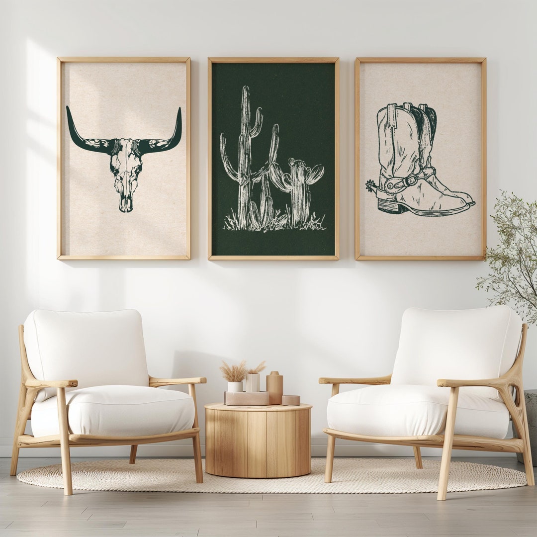 Set of 3 Cowboy Western Wall Prints Green and White Southwest Decor ...