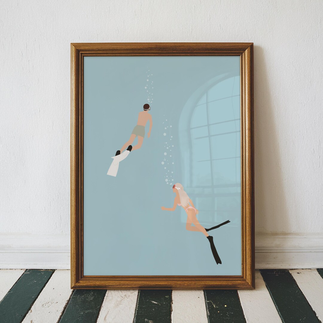 Man Woman Diving Print | Minimalist Woman Swimming | Couple Snorkeling ...