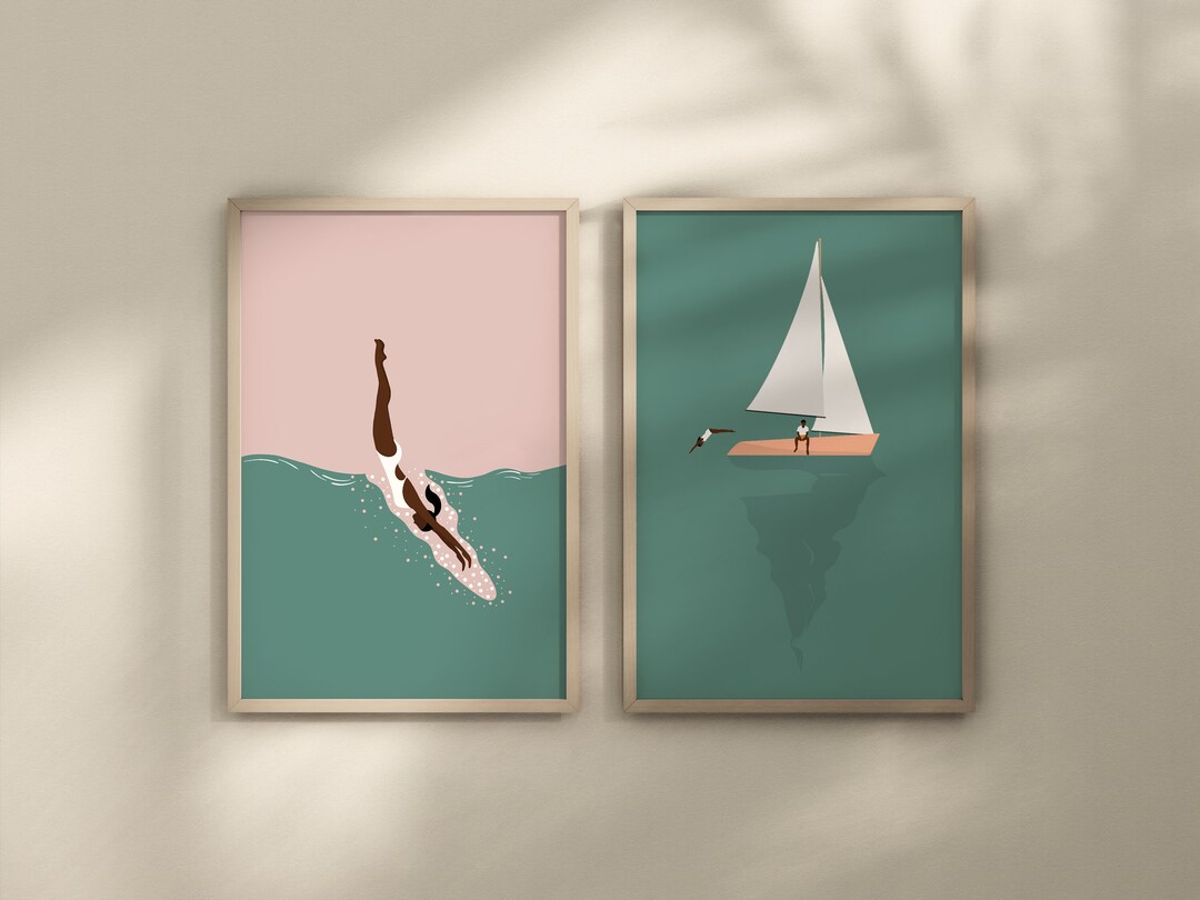 Set of 2 Minimalist Swimming Ocean Prints | Tiny Swimmers Print | Beach ...